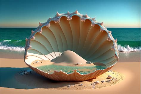 Premium Photo Large Open Clam Shell In Middle With Ocean Background Generative Ai