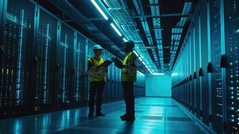 Two Engineers Having A Discussion In The Brightly Illuminated Aisle Of