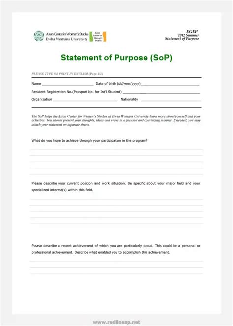Free Statement Of Purpose Template Word RedlineSP