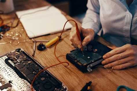 Woman Hands And Technician With Hard Drive For Repair System Restoration And Motherboard For