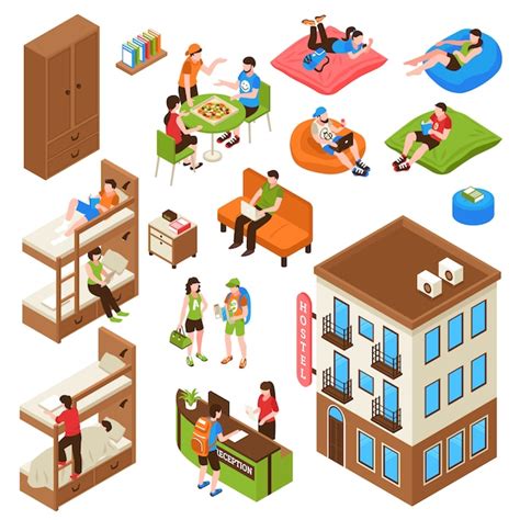 Free Vector Hostel Isometric Icons Set