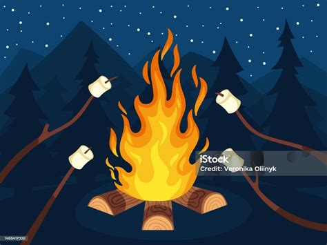 마시멜로와 모닥불 스카우트 캠핑 음식 불에 막대기에 마시멜로 친구들은 캠프 파이어 밤 만화 벡터 일러스트 레이 션을 여행 캠프 파이어에 대한 스톡 벡터 아트 및 기타 이미지