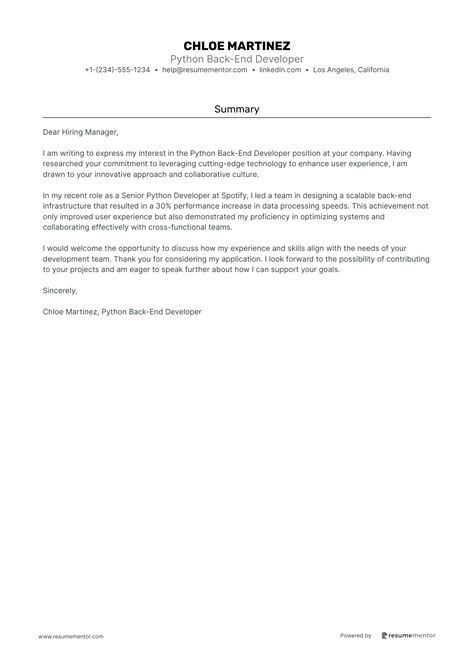 Python Developer Cover Letter Examples By