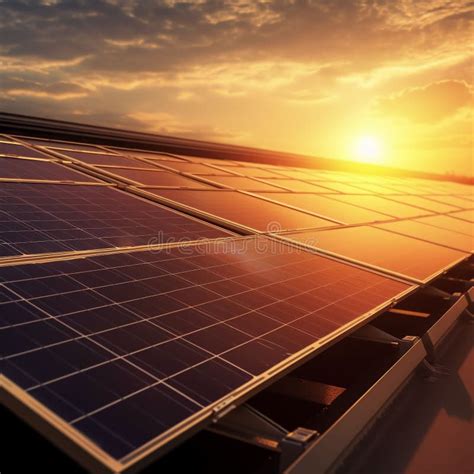 AI Generated Illustration Of A Solar Panel Array With The Sun Setting Behind It Stock