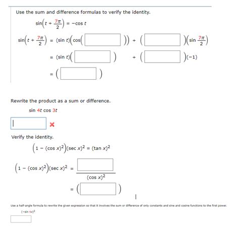 solved use the sum and difference formulas to verify the