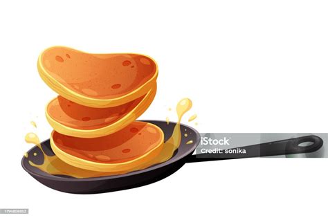 투명한 배경에 날아다니는 팬케이크와 기름을 가진 프라이팬 팬케이크 데이와 아침 식사에 대 한 벡터 일러스트 레이 션 에 있는