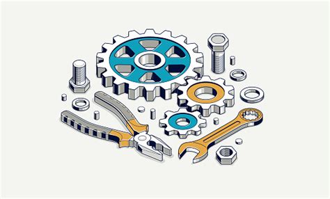 발명 혁신 개념 3d 아이소 메트릭 프로젝션 벡터 일러스트 레이 션 기술 테마 톱니 바퀴 및 볼트 기계 및 엔진 생성의 기어 및 도구 3차원 형태에 대한 스톡 벡터 아트 및