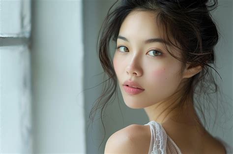 Premium Photo Portrait Of Beautiful Asian Woman Touching Herself