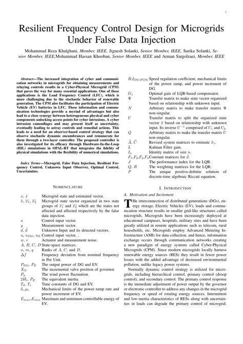 Pdf Resilient Frequency Control Design For Microgrids Under False Data Injection