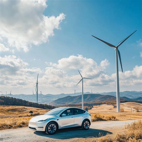 한국의 풍력 발전소 앞에 서 있는 현대적인 전기 자동차 푸른 하늘과 구름이 떠 있는 배경 바람개비가 돌아가는 모습 친환경적인 에너지의 상징 미래지향적인 디자인
