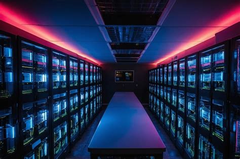 Neon Lit Server Room With Rows Of Data Racks Premium Ai Generated Image