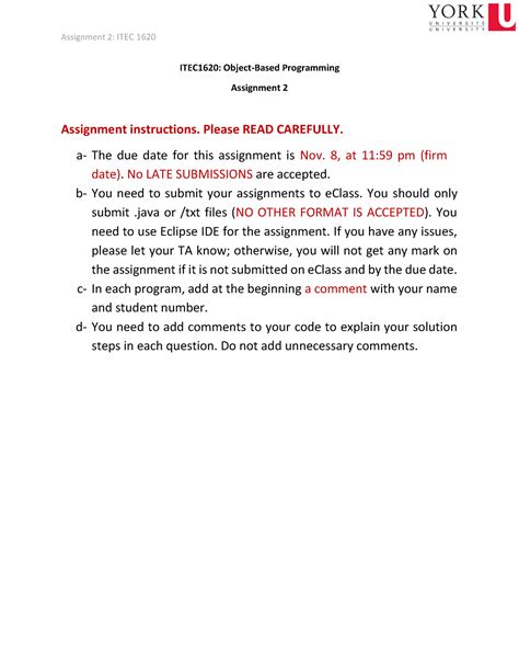 Assignment 2 Itec1620 1 Itec1620 Object Based Programming Assignment 2 Assignment