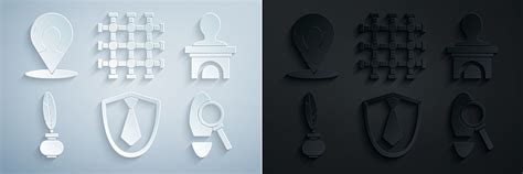 세트 넥타이 무대 스탠드 또는 토론 연단 깃털 잉크병 발자국 돋보기 감옥 창 및 사람 아이콘의지도 마커 실루엣 벡터 3차원 형태에 대한 스톡 벡터 아트 및 기타 이미지