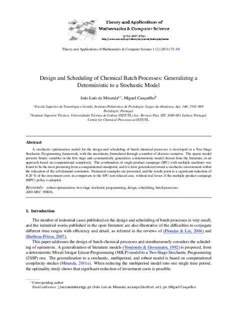 Pdf Design And Scheduling Of Chemical Batch Processes Generalizing A Deterministic To A