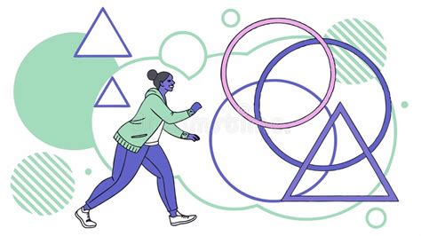 Figure Interacting With Abstract Geometric Shapes Exploring Space And Form Vector Design