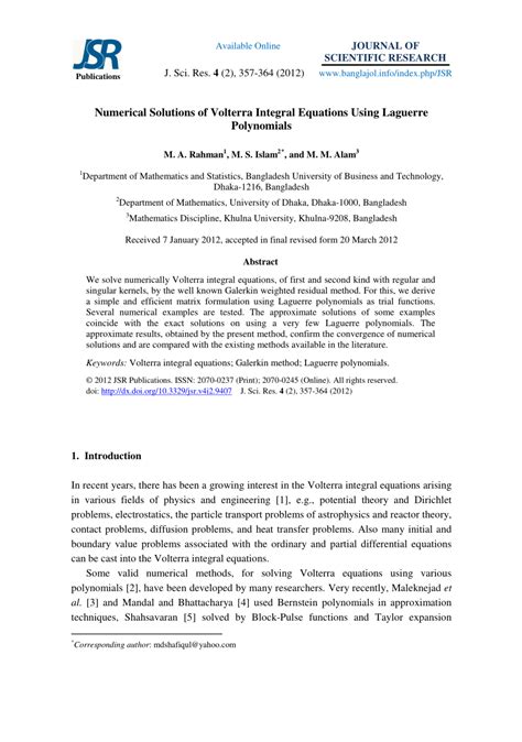 PDF Numerical Solutions Of Volterra Integral Equations Using Laguerre Polynomials