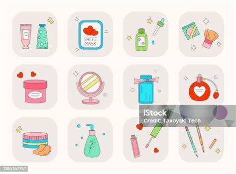 스킨 케어 스파 살롱 미용 제품에 대한 귀여운 화장품 아이콘 세트 만화 멋진 한국 화장품 벡터 그래픽 요소 거울에 대한 스톡 벡터 아트 및 기타 이미지 Istock
