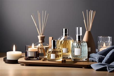 Premium Ai Image A Lineup Of Luxury Home Fragrances And Diffusers On The Wooden Board