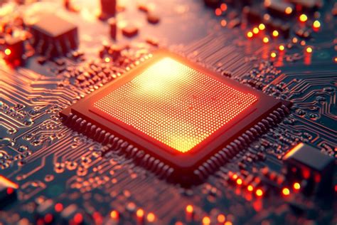 Close Up Of A Glowing Microchip On A Circuit Board Illuminated By Red And Orange Lights