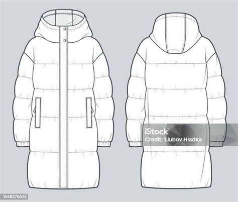 남녀 공용 패딩 코트 기술 패션 일러스트 후드 퀼트 패딩 다운 재킷 기술 도면 템플릿 긴 소매 포켓 전면 및 후면보기 화이트 여성 남성 남녀 공용 Cad 모형 다운 깃털에