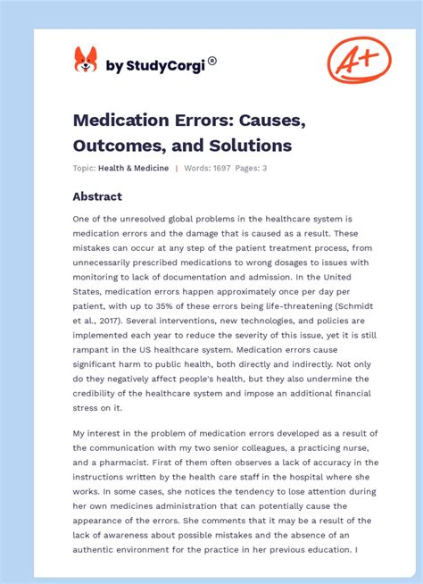 Medication Errors Causes Outcomes And Solutions Free Essay Example