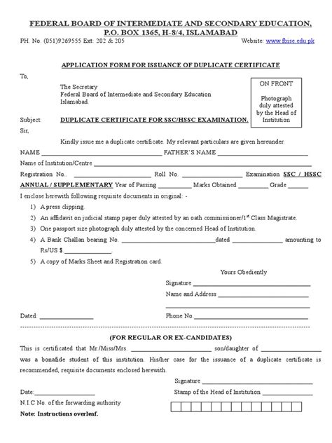 Application For A Duplicate Certificate Requesting A Replacement For A Lost Secondary School