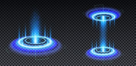 블루 홀로그램 포털 세트 매직 판타지 포털 홀로그램 효과매직 서클 텔레포트 연단 투명한 배경에 불꽃이 있는 벡터 블루 글로우 광선 강단에 대한 스톡 벡터 아트 및 기타