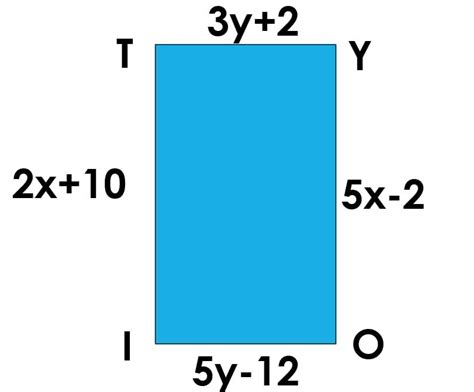 The Figure Shows A Rectangle With Sides 3y 2 5y 12 2x 10 And 5x 2 Find