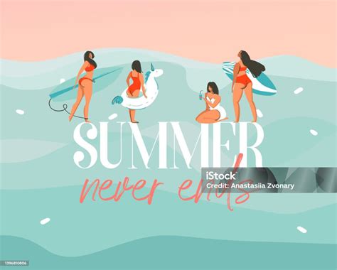 손으로 그린 벡터 스톡 추상 그래픽 일러스트 레이 션과 수영 소녀 Qroup 바다 파도 풍경과 여름은 푸른 배경에 고립 된 타이포그래피를 끝내지 않습니다 가정 생활에 대한