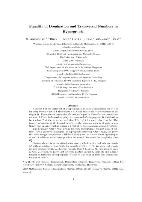 Pdf Equality Of Domination And Transversal Numbers In Hypergraphs