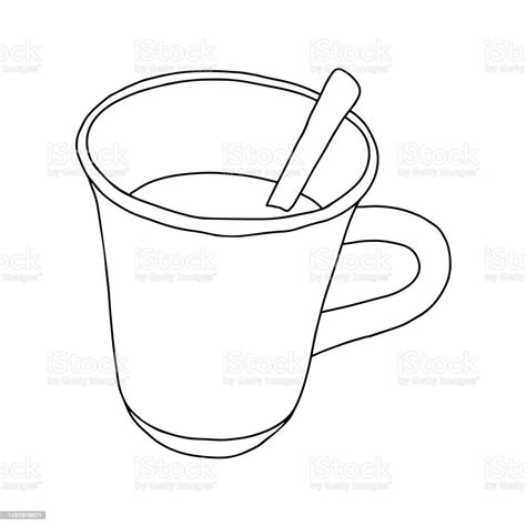 흰색 배경에 고립 된 숟가락과 뜨거운 차 또는 커피가있는 컵의 검은 손 그리기 그림 귀여운에 대한 스톡 벡터 아트 및 기타