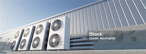 산업 플랜트 공장의 옥상에 있는 응축기 장치 또는 압축기의 3d 렌더링 Ac 또는 에어컨 Hvac 또는 난방 환기 및 에어컨