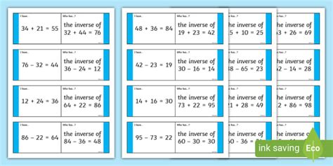 I Have Who Has Inverse Additionsubtraction Loop Cards