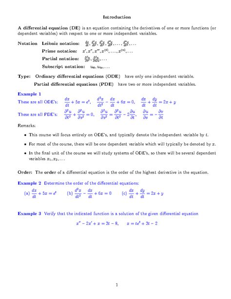 Introduction MATH NOTES Introduction A Differential Equation DE Is An Equation Containing