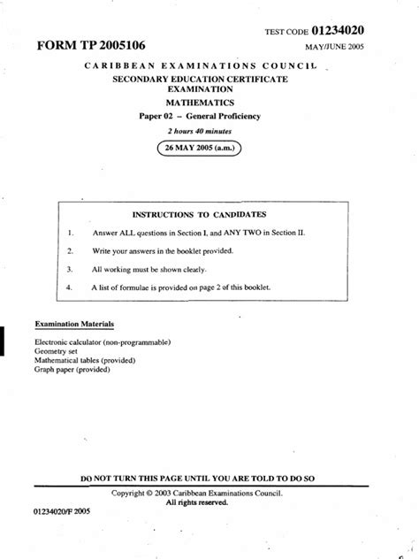 Csec Mathematics June 2005 P2 Pdf Area Circle