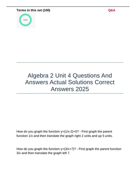 Algebra 2 Unit 4 Questions And Answers Actual Solutions Correct Answers 2025 Algebra 2 Stuvia Us