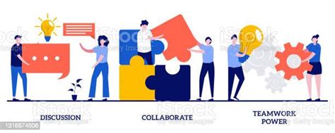 토론 협업 작은 사람들과의 팀워크 파워 컨셉 효과적인 팀 작동 추상 벡터 일러스트레이션 세트입니다 의견 공유 브레인 스토밍 기업 웹 사이트 목표 성취 비유 팀워크에 대한