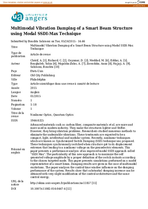 Pdf Multimodal Vibration Damping Of A Smart Beam Structure Using Modal Ssdi Max Technique