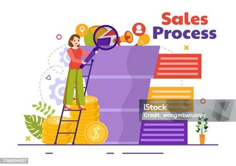 새로운 고객을 유치하고 비즈니스 전략에서 이익을 창출하기 위한 의사 소통 단계가 있는 판매 프로세스 벡터 일러스트 평면 배경 개선에 대한 스톡 벡터 아트 및 기타 이미지