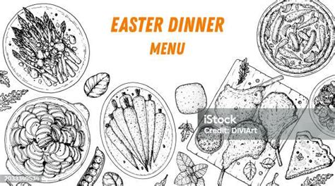 부활절 음식 손으로 그린 스케치입니다 벡터 일러스트 레이 션입니다 부활절 음식을 곁들인 축제 테이블 새겨진 그림 메뉴 세트 개체 그룹에 대한 스톡 벡터 아트 및 기타 이미지