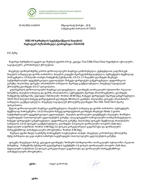 მშვიდობაძე შორენა Mri 04 ხერხემლის სეგმენტი წელის მალების მაგნიტურ რეზონანსული ტომოგრაფია