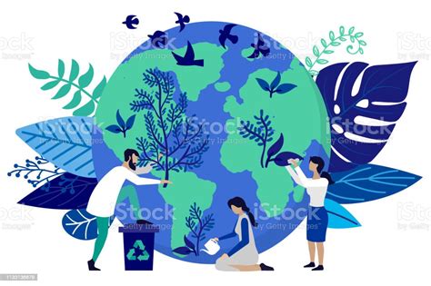 평면 스타일에서 벡터 평면 그림입니다 생태 개념입니다 사람들은 행성 세계 환경의 날 바이오 테크놀로지 지구 배경의 도시를 구하기 위해 휴가를 준비 하 고 있습니다 3가지