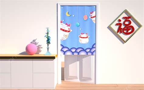 Simple Guochao Home Lovely Cartoon Fortune Cat Partition Curtain Background Simple Small Fresh