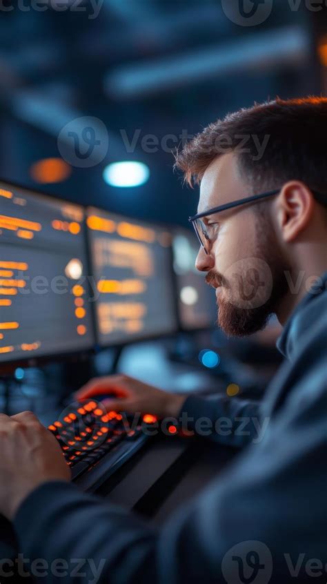 A Programmer Intensely Types On A Backlit Keyboard While Monitoring Code And Data Across Several