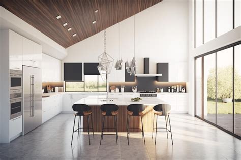 현대 부엌 방입니다 섬과 의자가 있는 주방 현대적인 가구 스토브 오븐 냉장고 프리미엄 사진