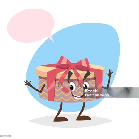 빨간 리본 및 활 웃는 선물 상자 문자 만화 더미 연설 거품 파란색 배경에 고립 된 인간 답게 파티 윙크 기호입니다 벡터 일러스트입니다 갈색에 대한 스톡 벡터 아트 및 기타