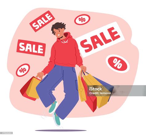 행복 유쾌한 소년 만화 십대 캐릭터 판매 할인 장면으로 쇼핑 기뻐 가방에 대한 스톡 벡터 아트 및 기타 이미지 가방 계절 고객 Istock