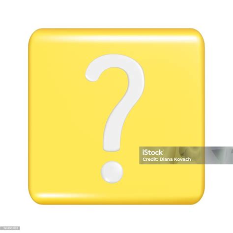 물음표가 있는 사실적인 3d 노란색 사각형 모양 장식용 사각형 단추 아이콘 물음표 기호 요소가 있는 단추 기호입니다 흰색 배경에 분리된 추상 벡터 그림 물음표에 대한 스톡