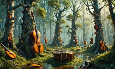 A Forest Scene With Musical Instruments Hanging From Trees Stock Illustration Illustration Of