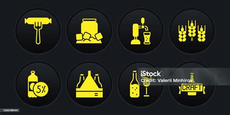 맥주 병 밀 맥주 병 팩 및 유리 탭 콜드 캔 및 포크 아이콘에 소시지를 설정합니다 벡터 검은색에 대한 스톡 벡터 아트 및 기타 이미지 Istock